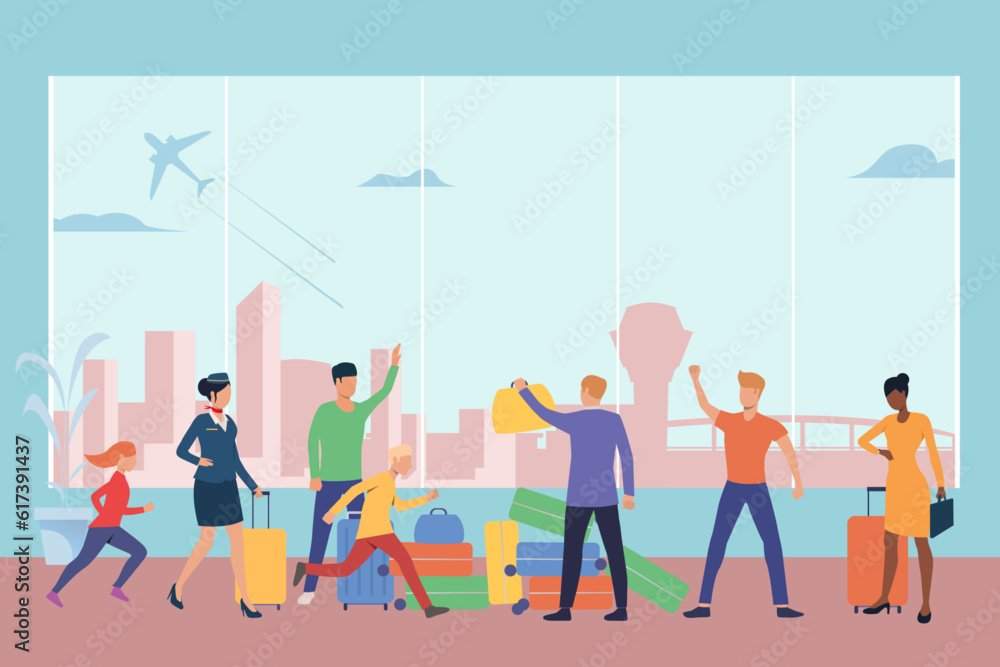 Chaos at airport due to workers protesting vector illustration. Cartoon ...