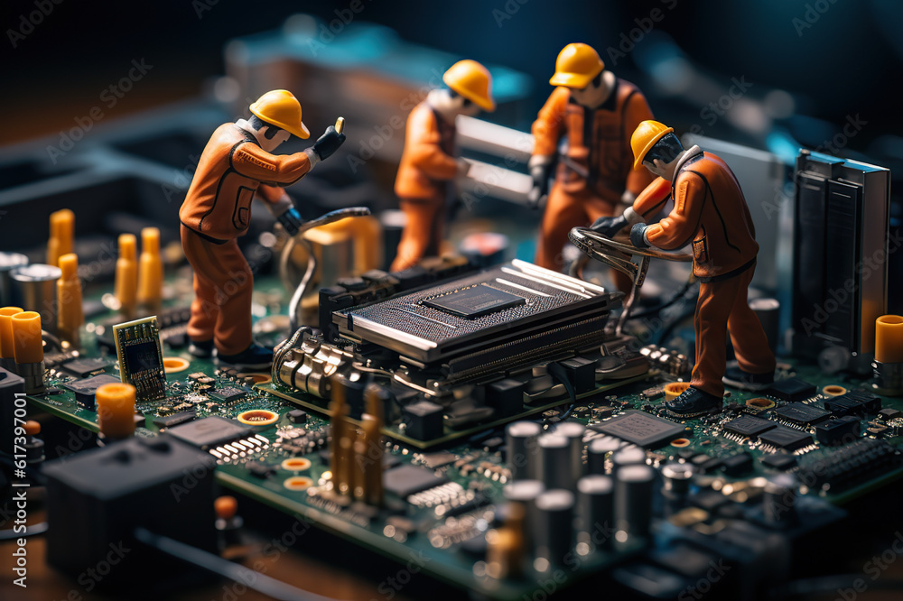 Technician Team Figurines Conducting Computer Motherboard Maintenance ...