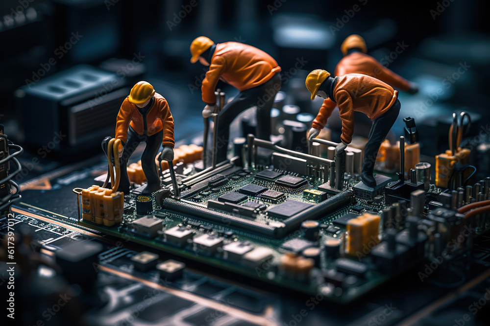 Technician Team Figurines Conducting Computer Motherboard Maintenance ...