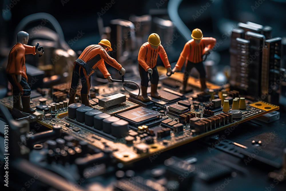 Technician Team Figurines Conducting Computer Motherboard Maintenance ...
