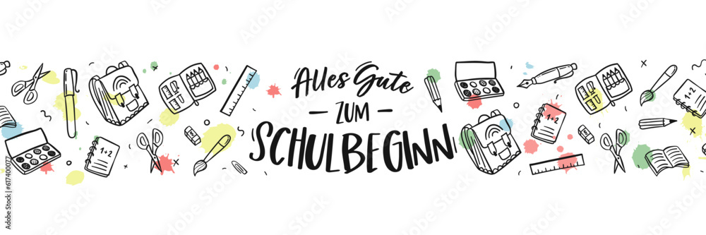 Cute hand drawn school doodles and German text saying "Back to school ...