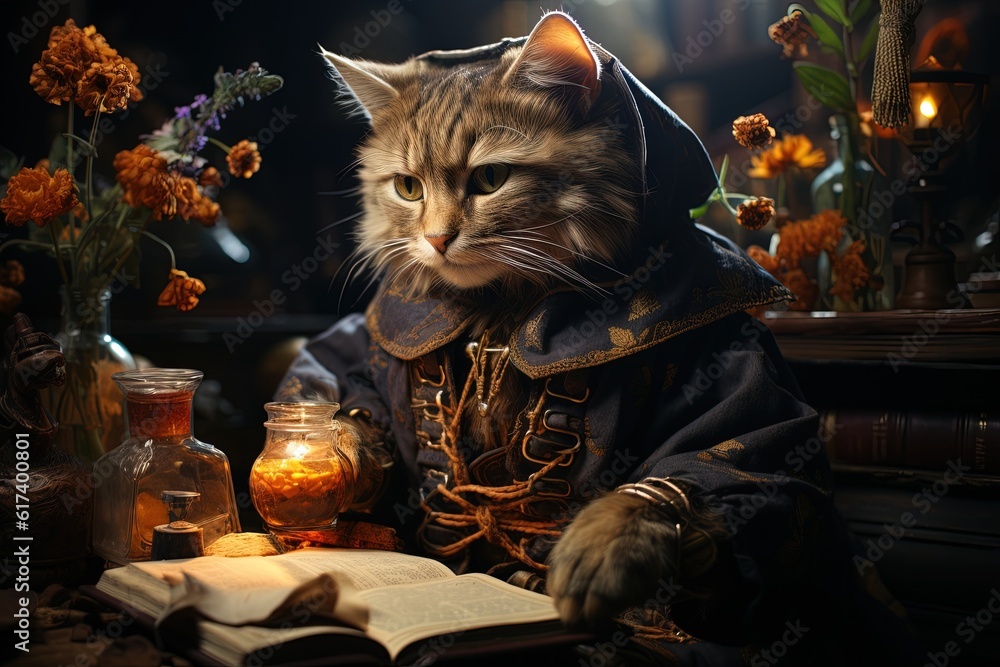 Cat - lchemist: Picture a cat dressed as a wise and mystical alchemist ...