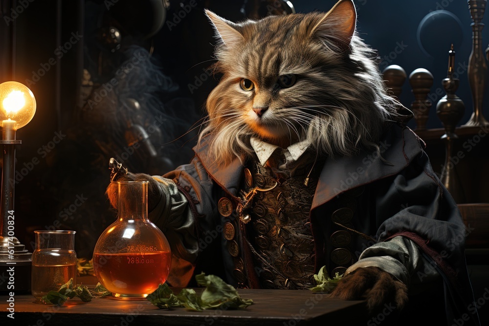 Cat - lchemist: Picture a cat dressed as a wise and mystical alchemist ...
