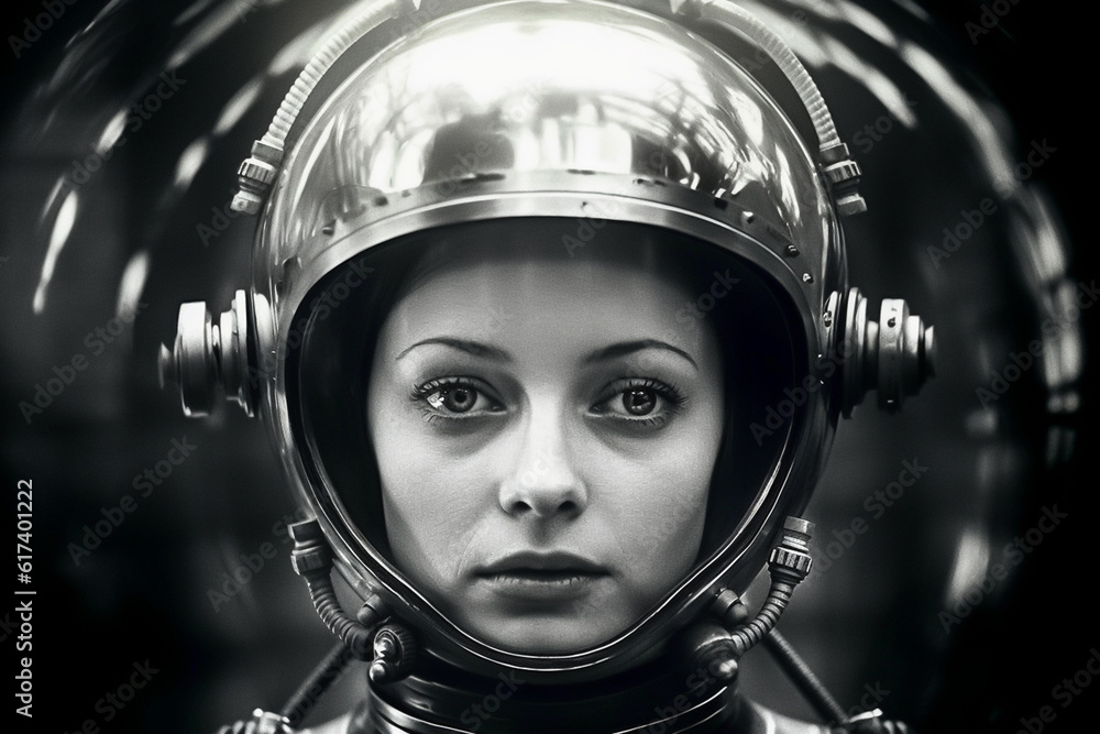 1950's Atomic age image of model wearing sci-fi style space suit and ...