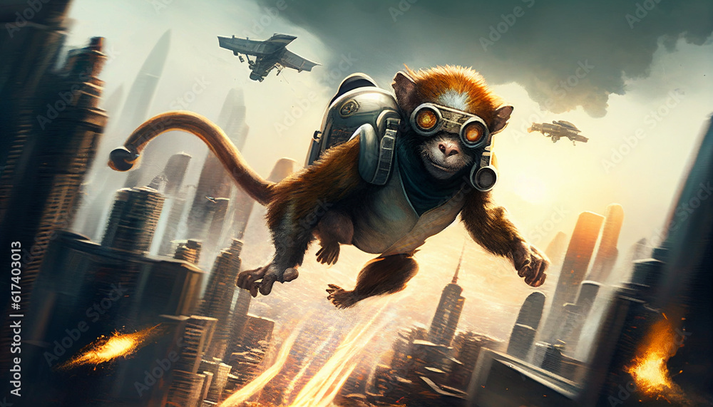 Affe fliegt in der Luft über einer größeren Stadt, Comic Szene mit ...