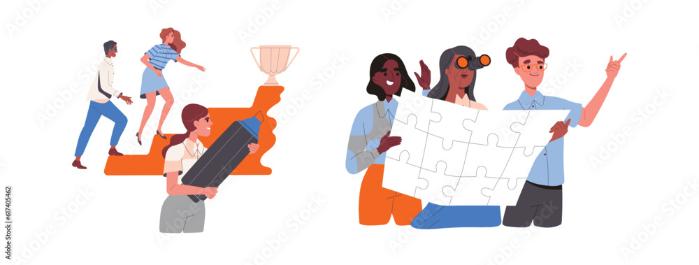 People develop business strategy. Employees and leader collaborate ...