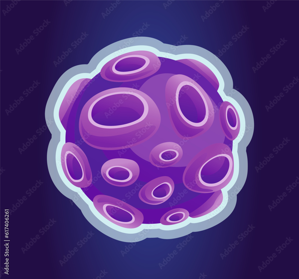 Fantasy space planet. Purple alien sphere with craters. Shining space ...
