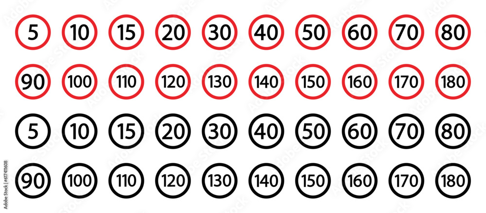 Speed limit icon. Set of red and black road signs 5-180 km/h. Vector ...