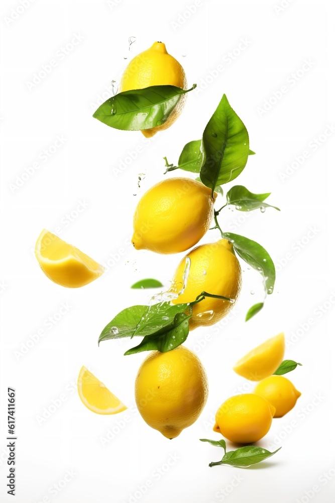 studio photo of fresh lemons falling with water splashes isolated on ...