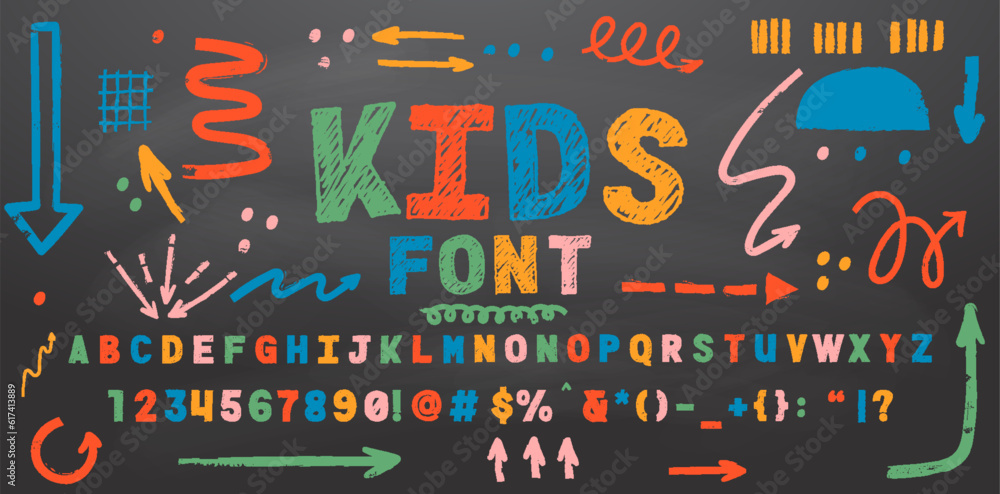 Colorful retro hand drawn alphabet letters drawing with chalk on black ...