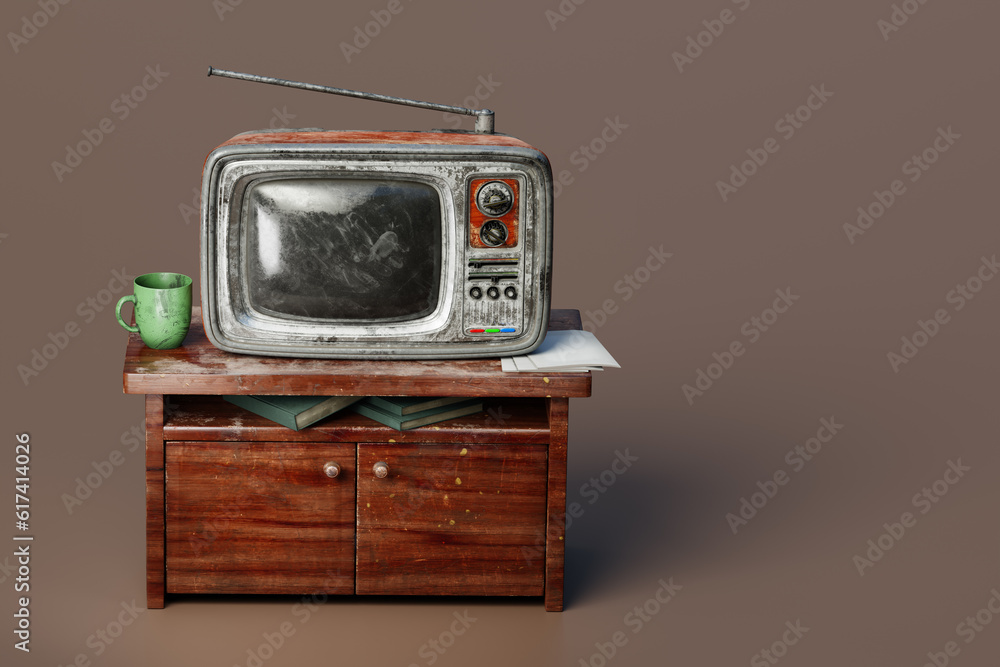 3d illustration. An old-fashioned TV with a TV stand, books and ...
