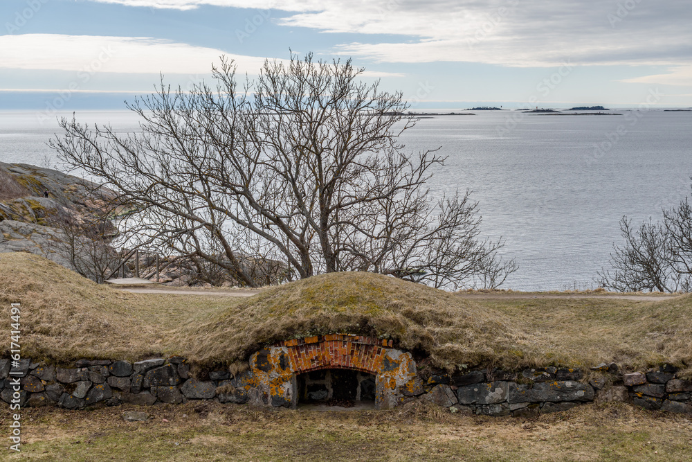 The island fortress of Suomenlinna, the view out to sea and a chain of ...