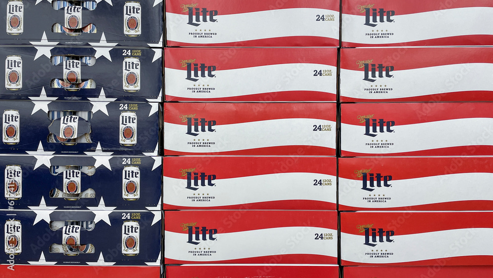 Miller Lite beer display in American flag colors. Miller Brewing ...
