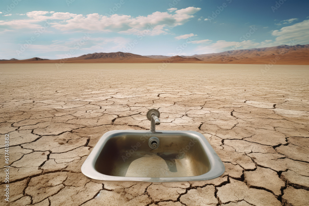 Generative AI illustration of from above of metal sink with tap on ...