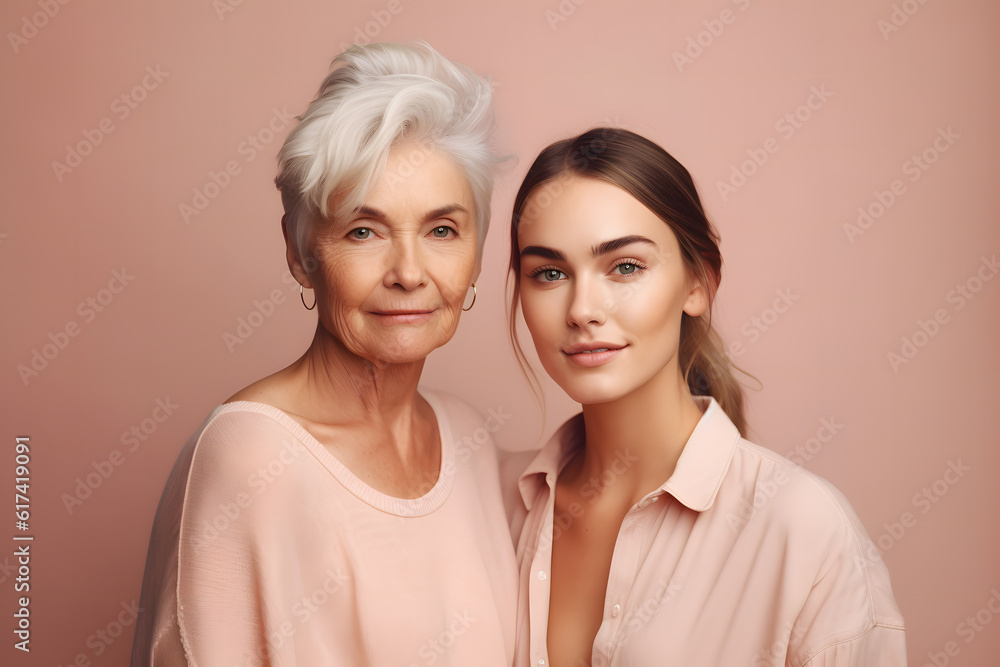 Generative AI illustration portrait of positive senior mother and young ...