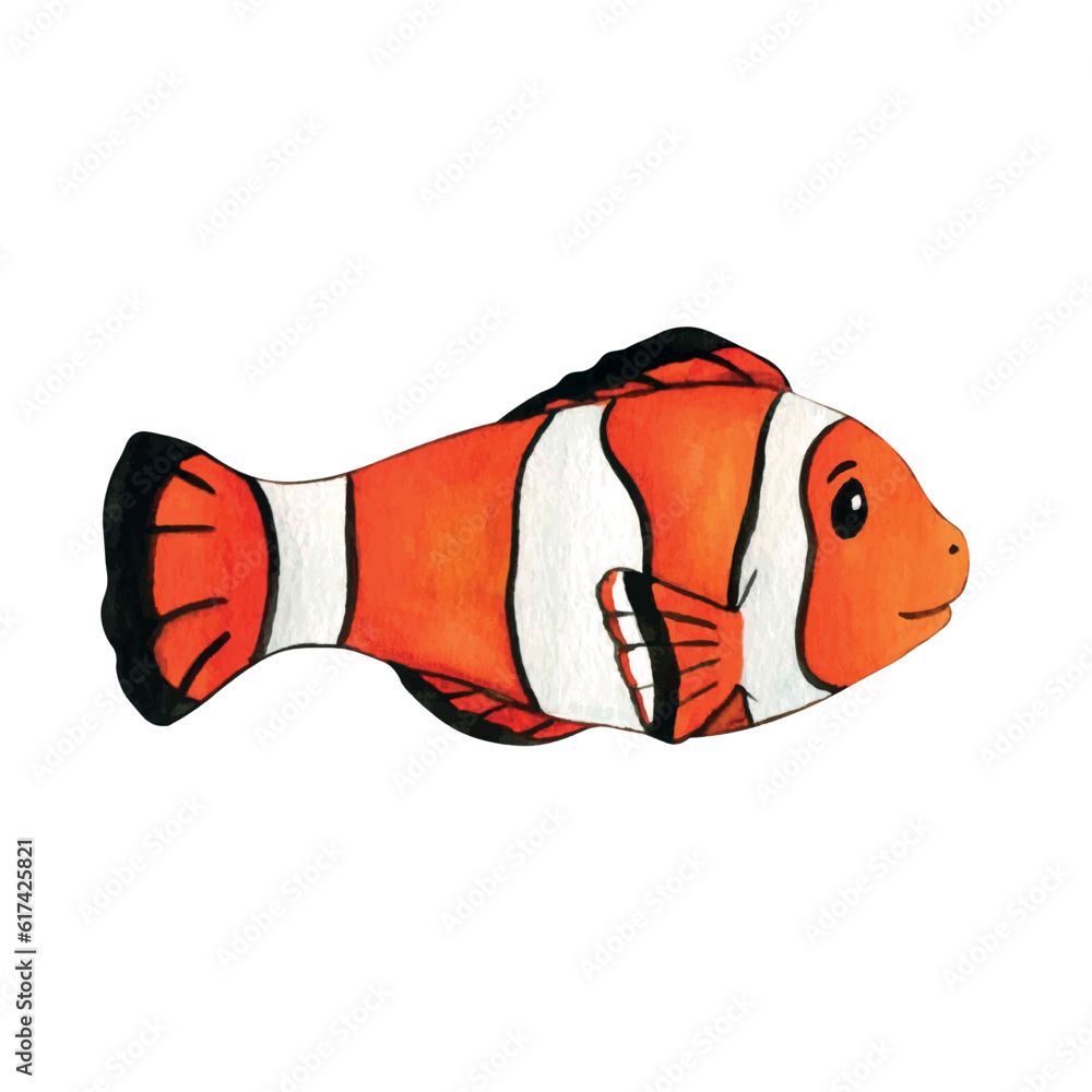 Watercolor illustration cartoon clown fish, hand drawn on an isolated ...