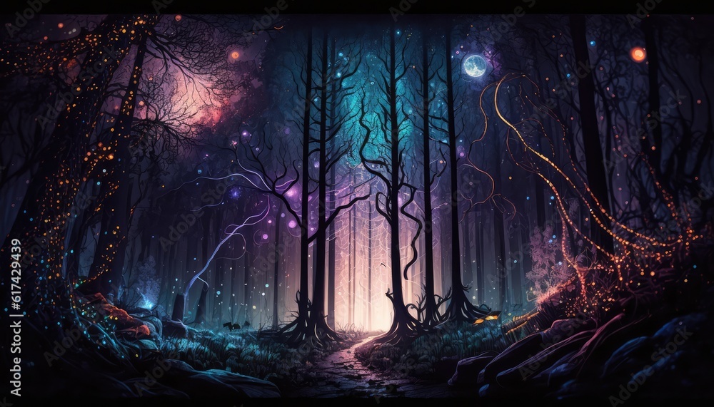 starry and magical night space forest landscape for imaginary realm ...