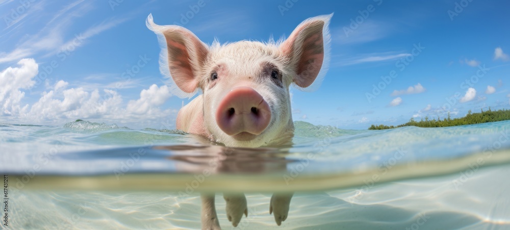 Tourism travel destination background - Cute swimming pig, underwater ...
