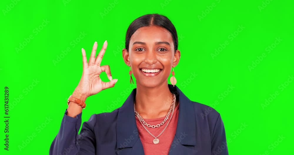 Okay hands, face and green screen of happy woman for good review, thank ...