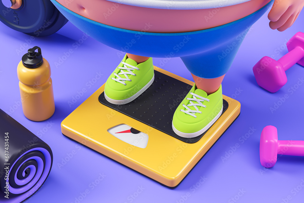 Cartoon overweight character stands on the scales. The concept of ...