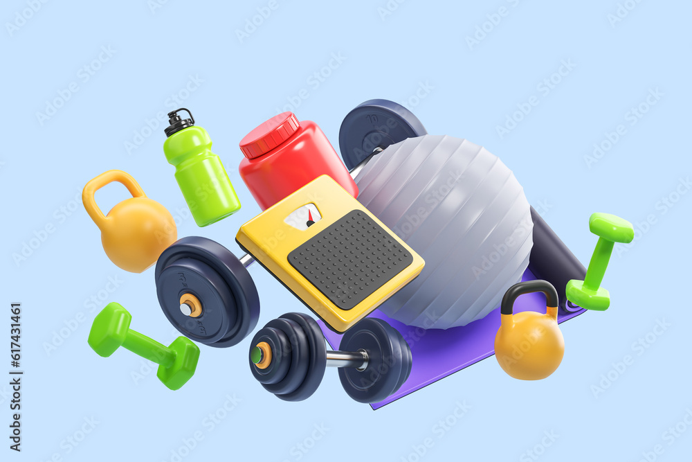 Cartoon fitness equipment. Ball, dumbbell, scales, kettlebell, protein ...
