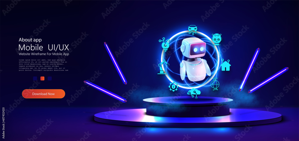 Vetor de A smart smart bot on the podium processes information. Cute ...