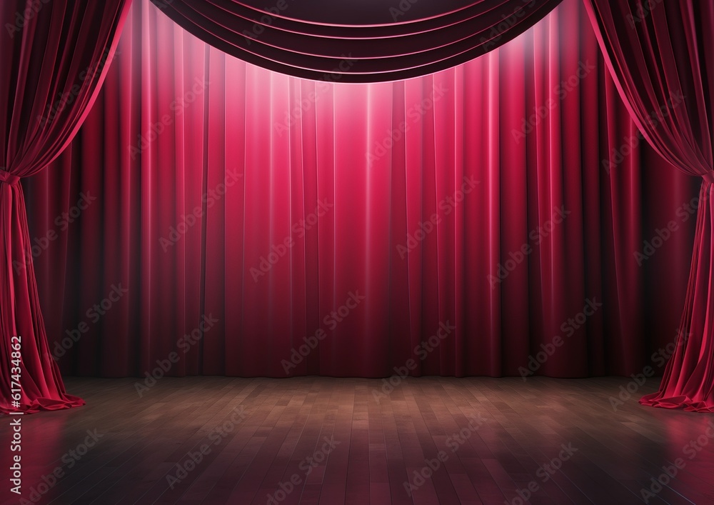 Pink curtains theater scene stage backdrop. Curtain with space for copy ...