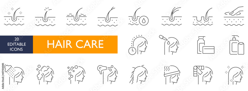 Hair care icon set. It included shampoo, scalp, conditioner, hair ...