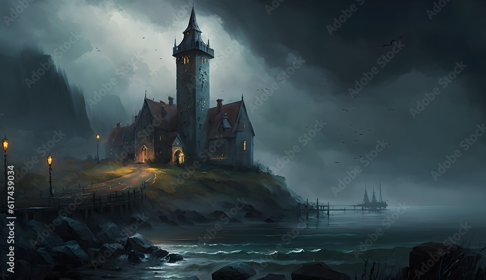 oil painting painting of dark gothic fantasy town on coast archipelago ...