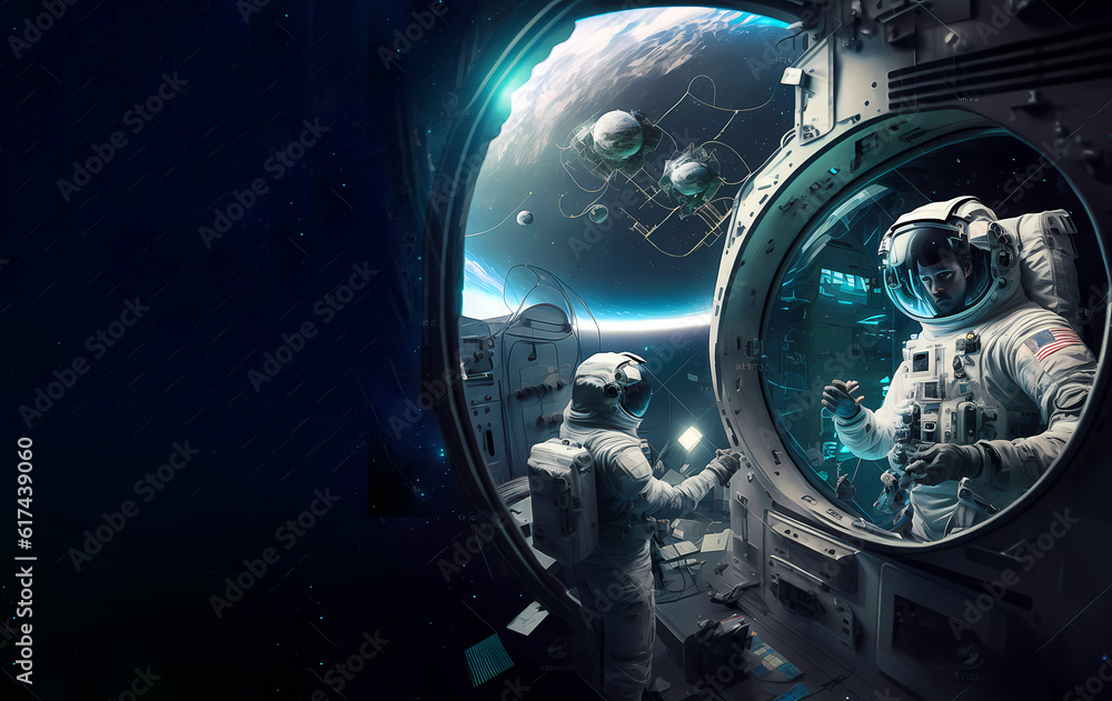 Astronauts work in space. Banner. Wallpaper. Place for text. created by ...