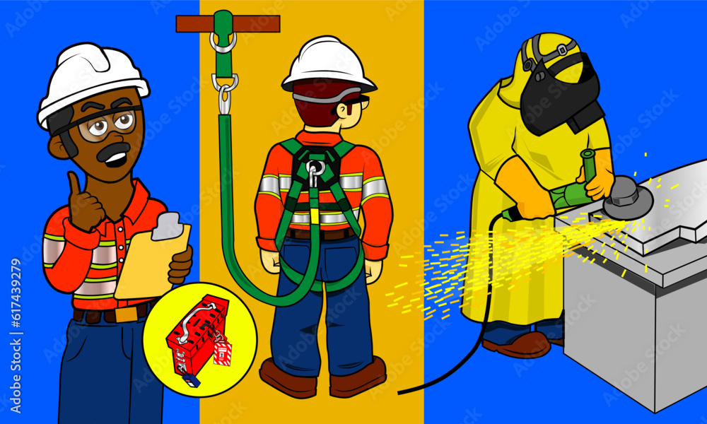 Trabajador industrial con apuntes en mano. Trabajador con arnés de ...