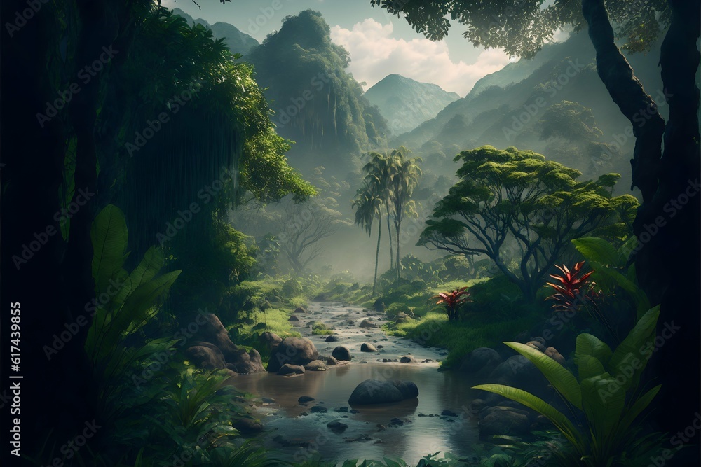 lush jungle with stream and mountains in the distance ultra wide angle ...