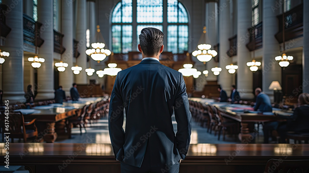 back view of a lawyer in a black suit in the courtroom. Generative AI ...