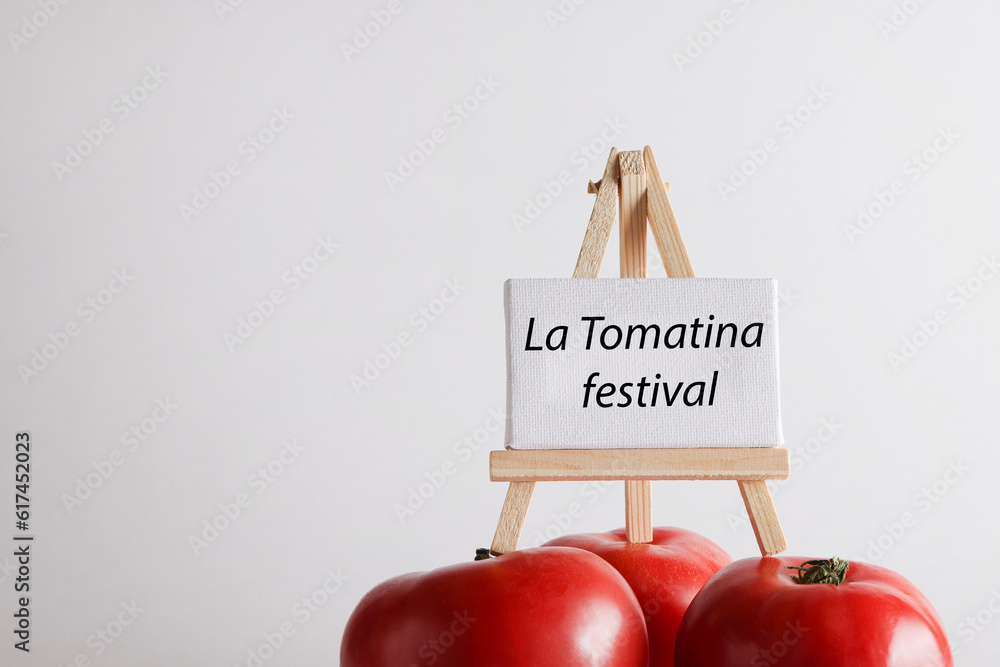 La Tomatina festival written on white board with red tomato on white ...