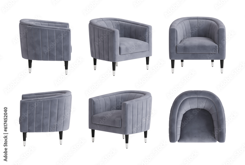 Set of six views of a modern classic elegant quilted armchair with a ...