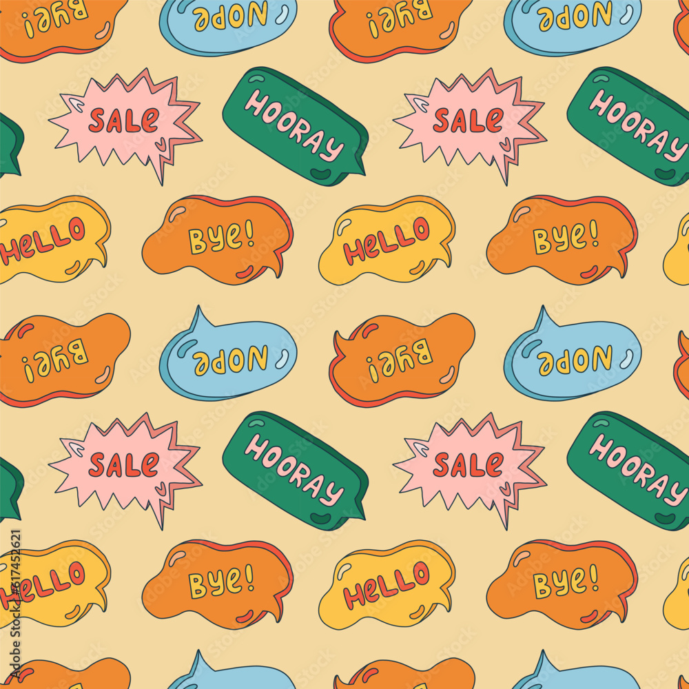 Cute seamless pattern with speech bubbles with short messages. Backdrop ...