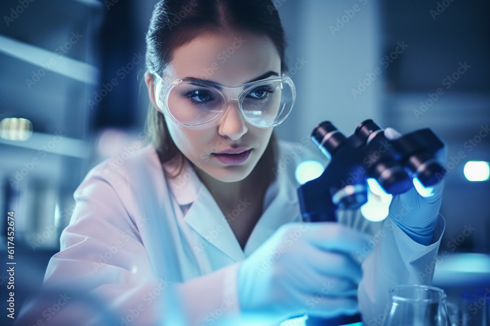 Generative Ai Illustration Of Crop Focused Female Scientist With Long Dark Hair In White Robe