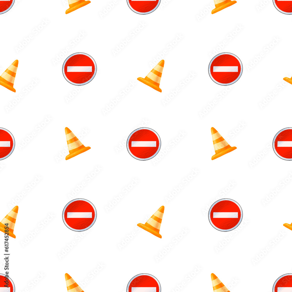 Road cones and no entry sign seamless pattern. Isolated on white ...