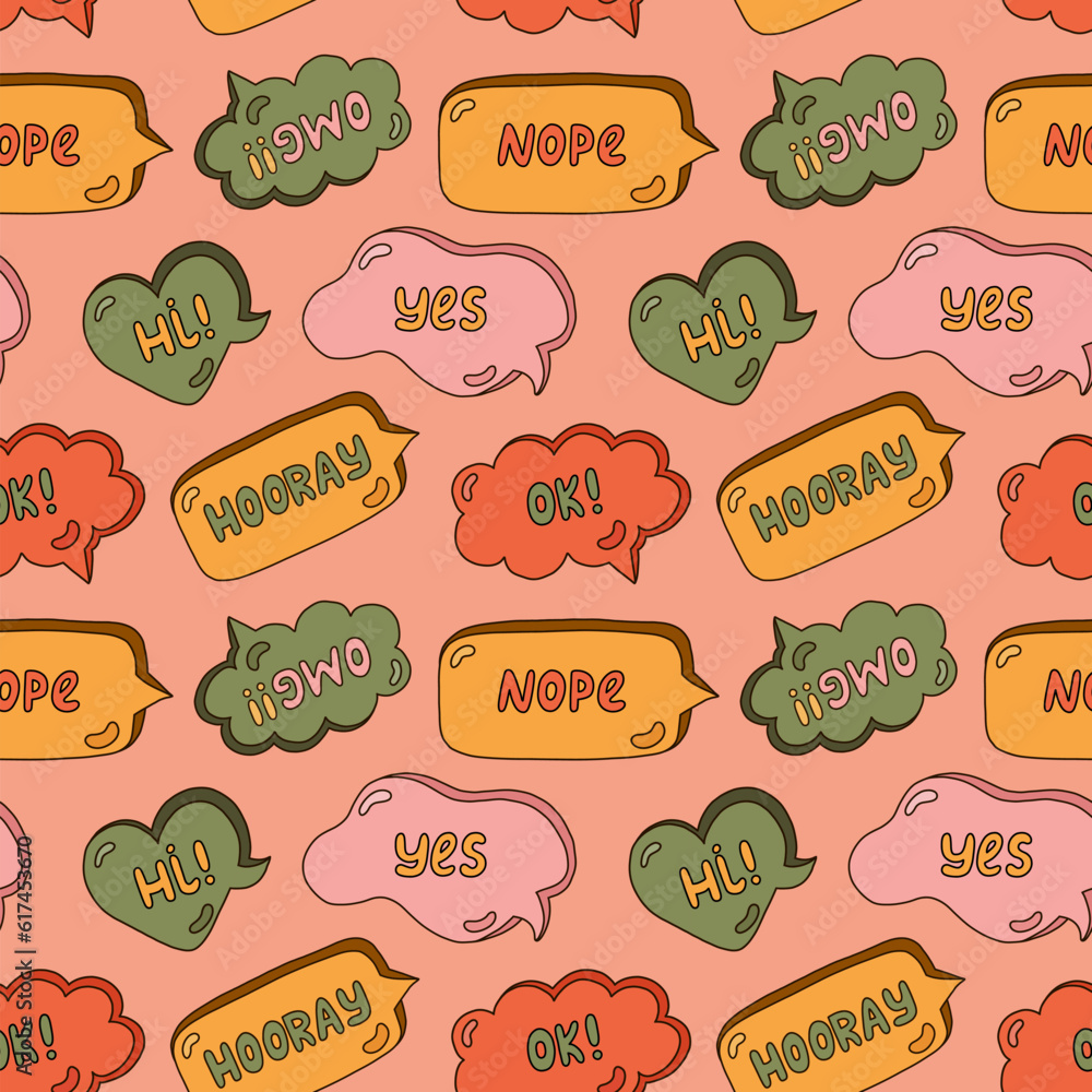 Cute seamless pattern with speech bubbles with short messages. Backdrop ...