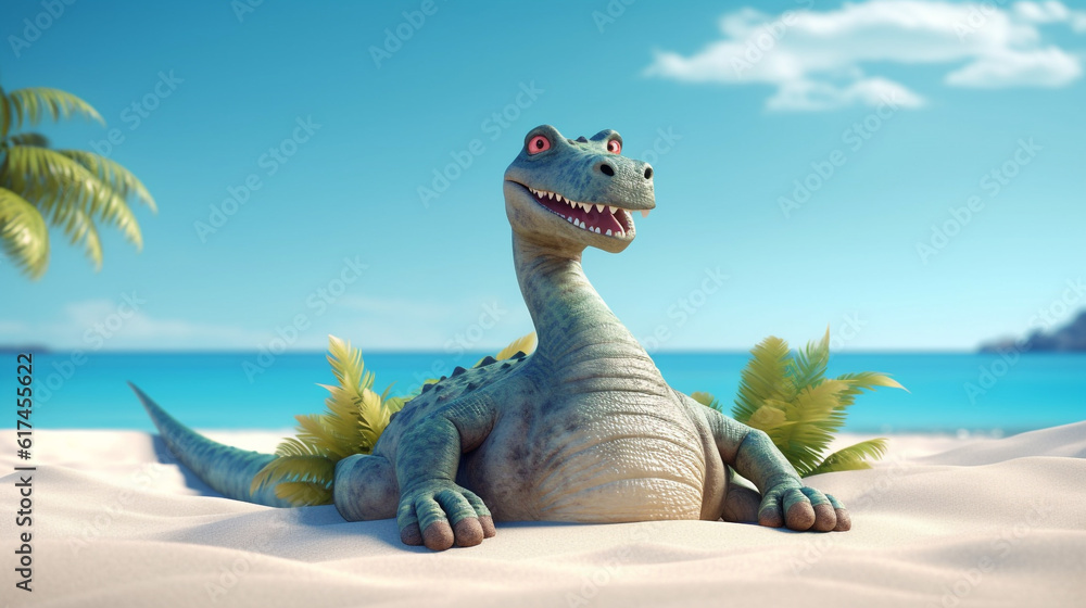 dinosaurs relaxing on the beach minimal rendering background Stock ...