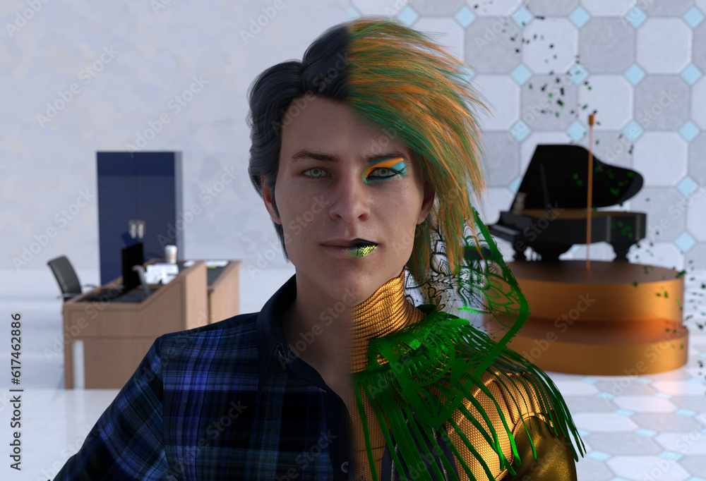 Split portrait of a man showing him as an office worker and as a drag ...