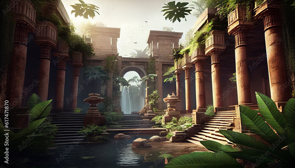 Ancient Hanging Gardens of Babylon. Plants and waterfalls in ancient ...
