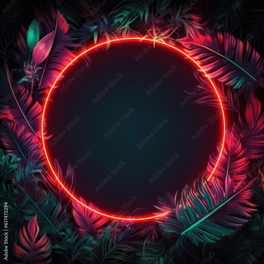 Neon jungle abstract background with jungle plants, palm leaf and neon ...