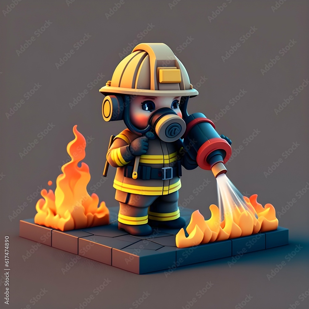 3D isometric fireman putting out fire chibi miniature size icon made ...