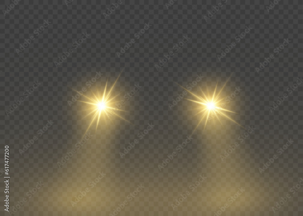 Realistic white glow round headlights. Car headlights shining from the ...