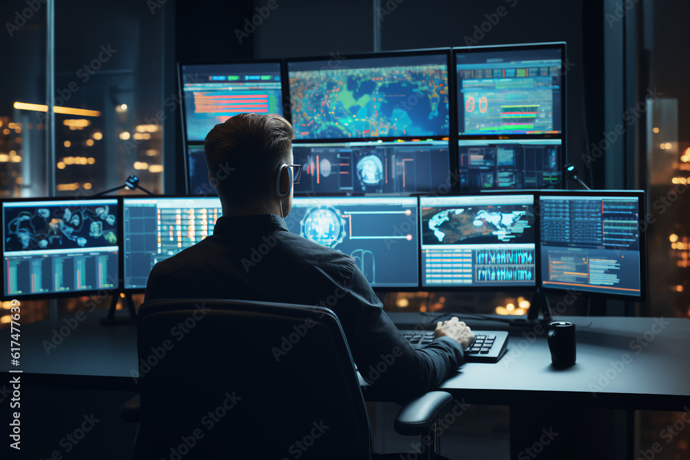 In the System Control Room Technical Operator Sits and Monitors Various ...
