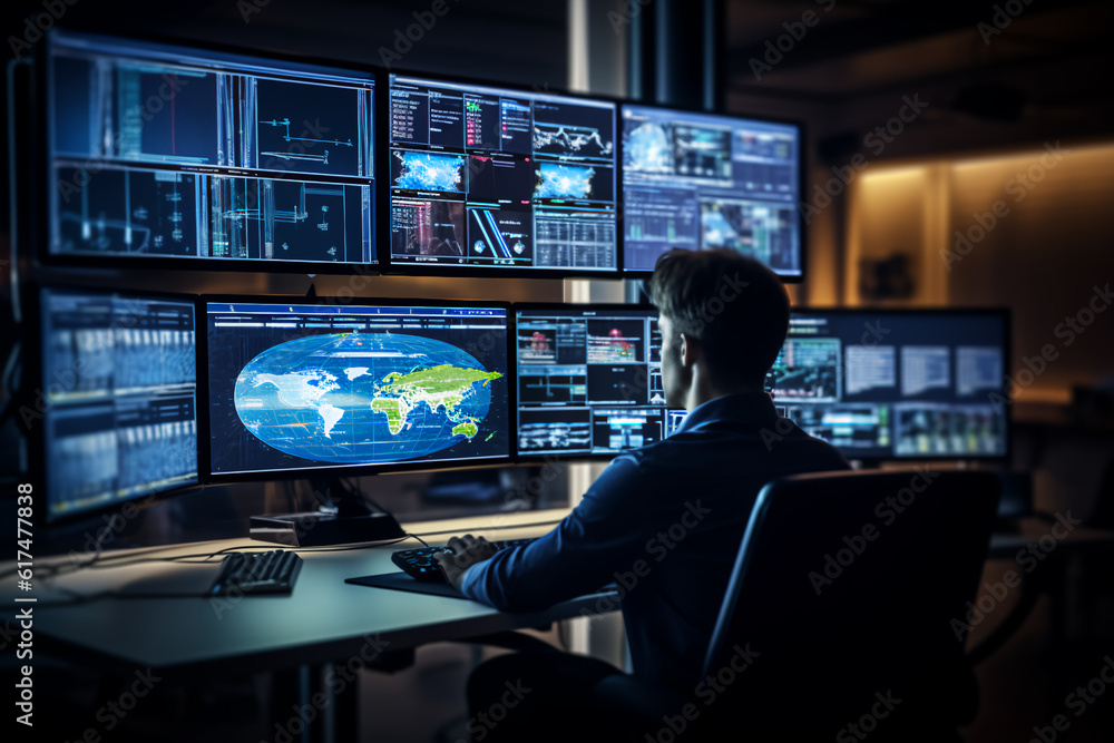 In the System Control Room Technical Operator Sits and Monitors Various ...