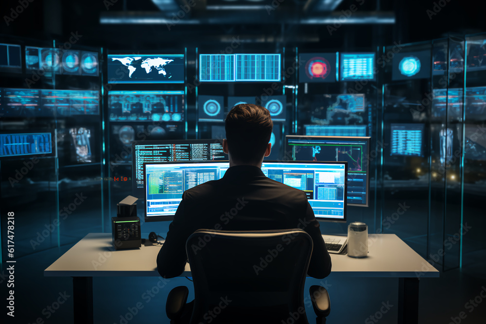 In the System Control Room Technical Operator Sits and Monitors Various ...