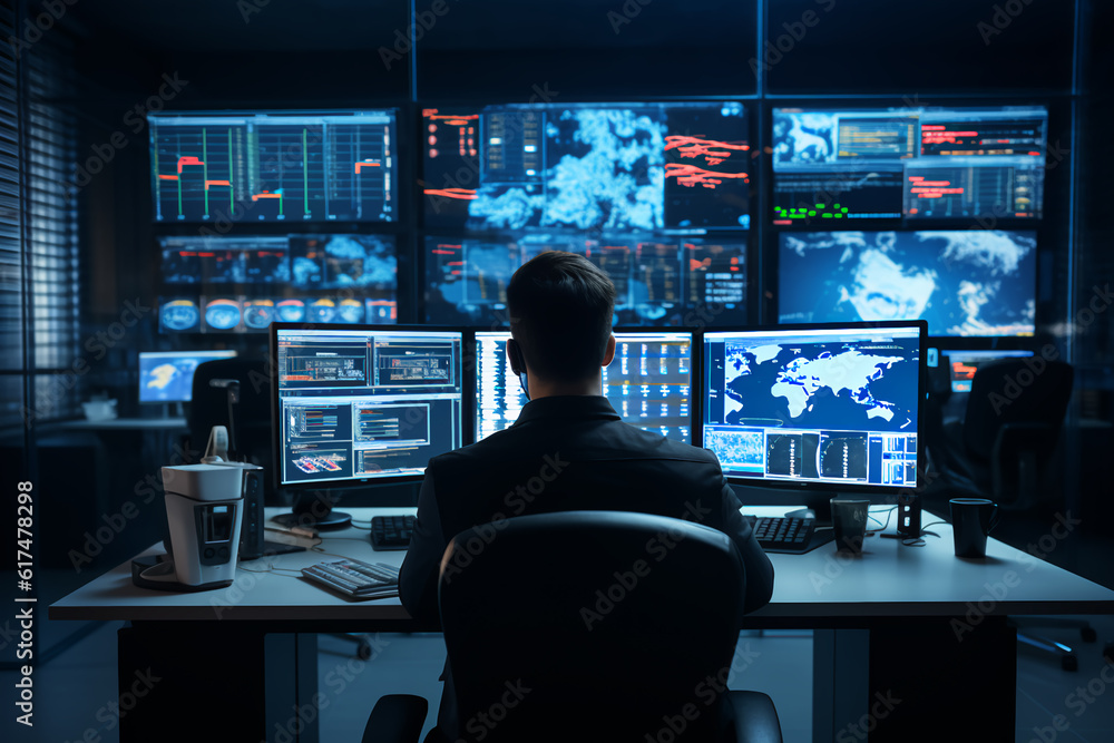 In the System Control Room Technical Operator Sits and Monitors Various ...