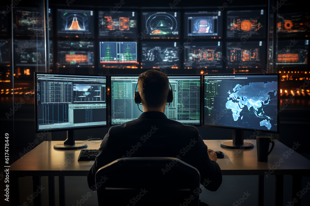 In the System Control Room Technical Operator Sits and Monitors Various Activities Showing on ...